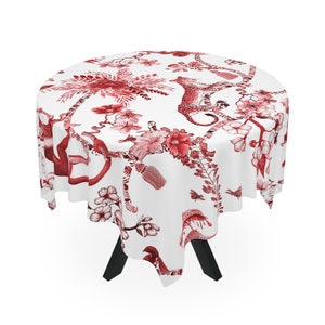 Chinoiserie Jungle Botanical Toile Tablecloth, Red, White Chinoiserie ...