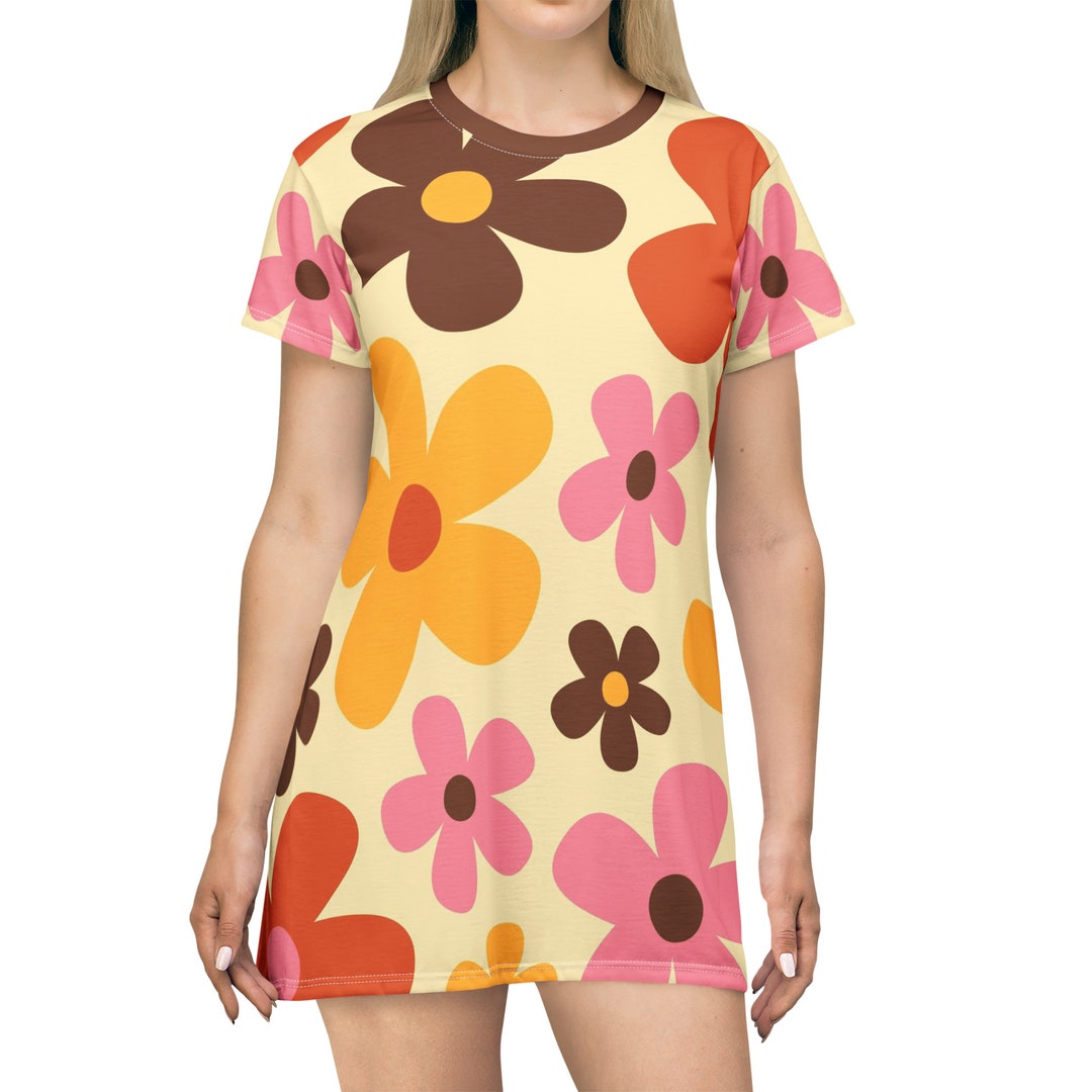Mid Mod Daisy Flower Power T-shirt Dress, Retro 70s Disco Party Dress ...
