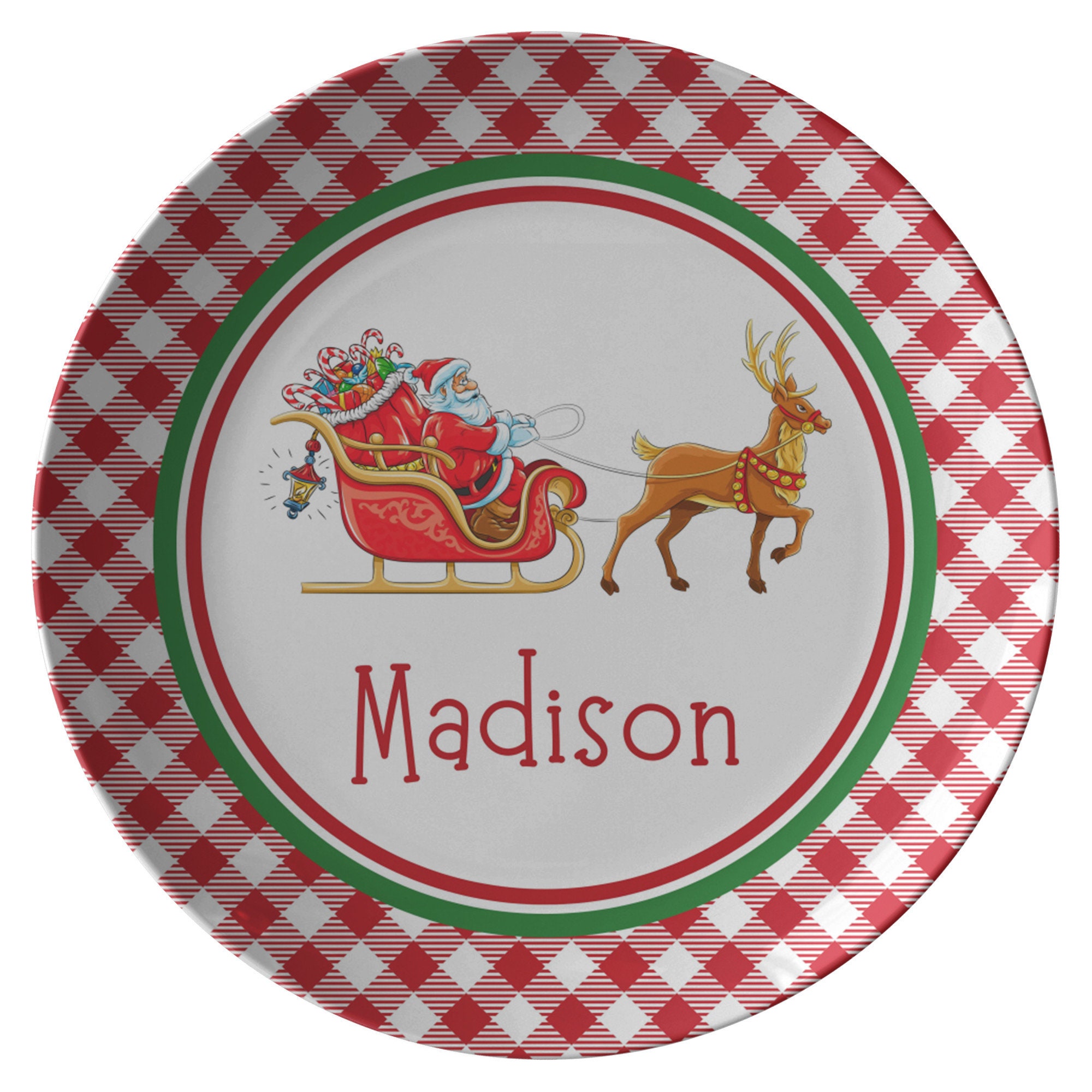 Personalized Santa Sleigh & Rudolph Red Gingham Plate, Kids Holiday ...