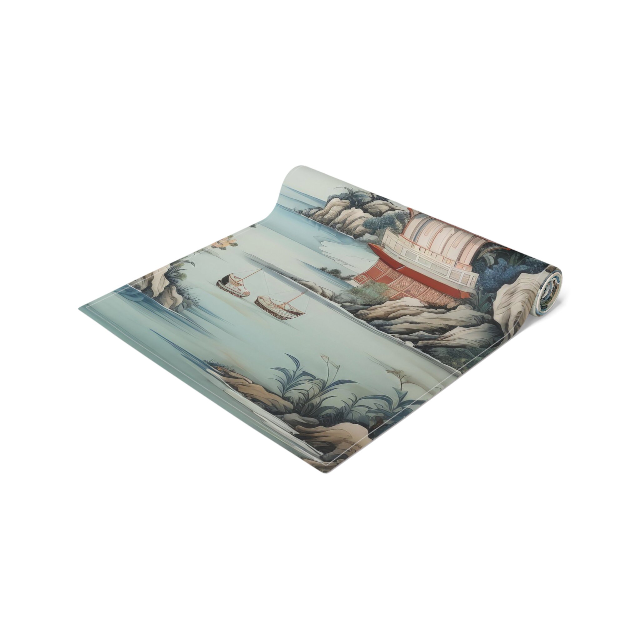 Chinoiserie Pagoda Landscape Floral Table Runner, Country Chic ...