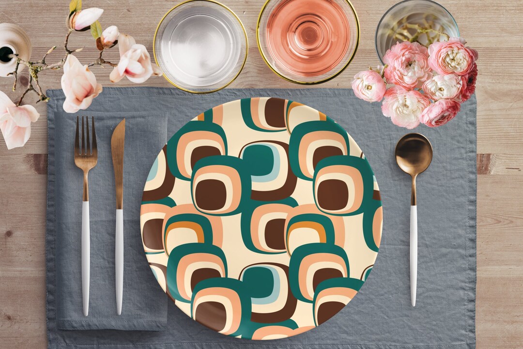 Dinner Plate in Retro Vintage 60s, 70s Mid Mod Geometric Squares, Mid ...