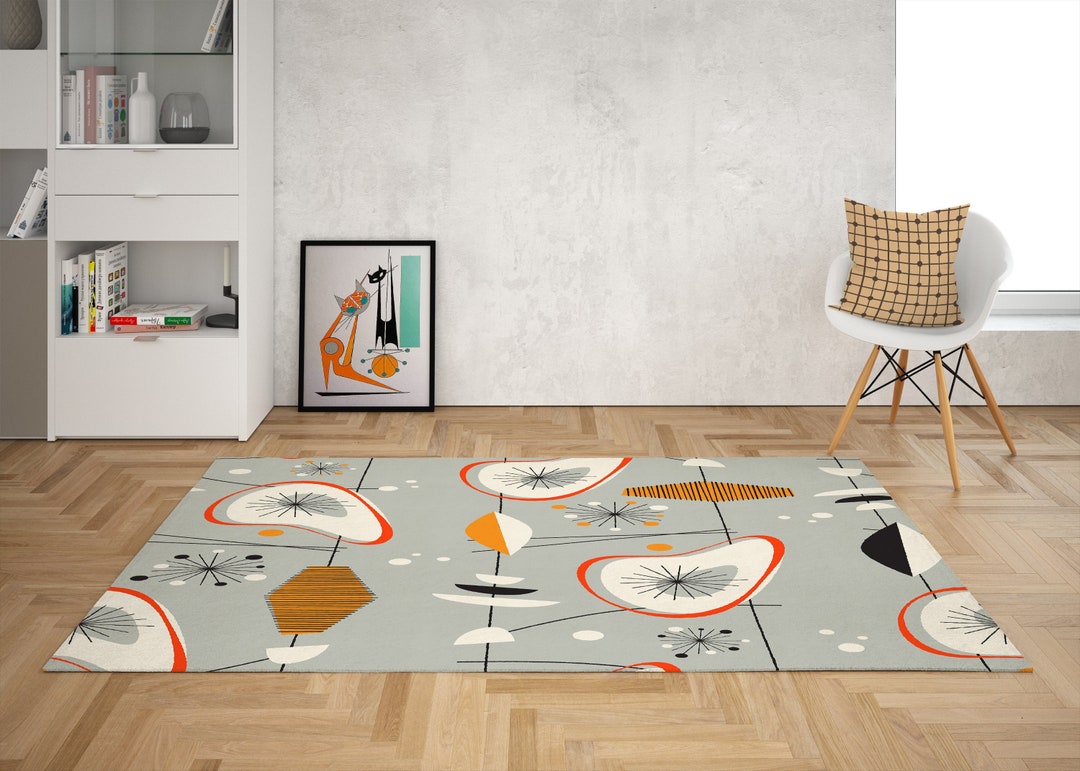 Mid Century Modern 1950s Area Rug, Gray, Orange, White, Black Abstract ...