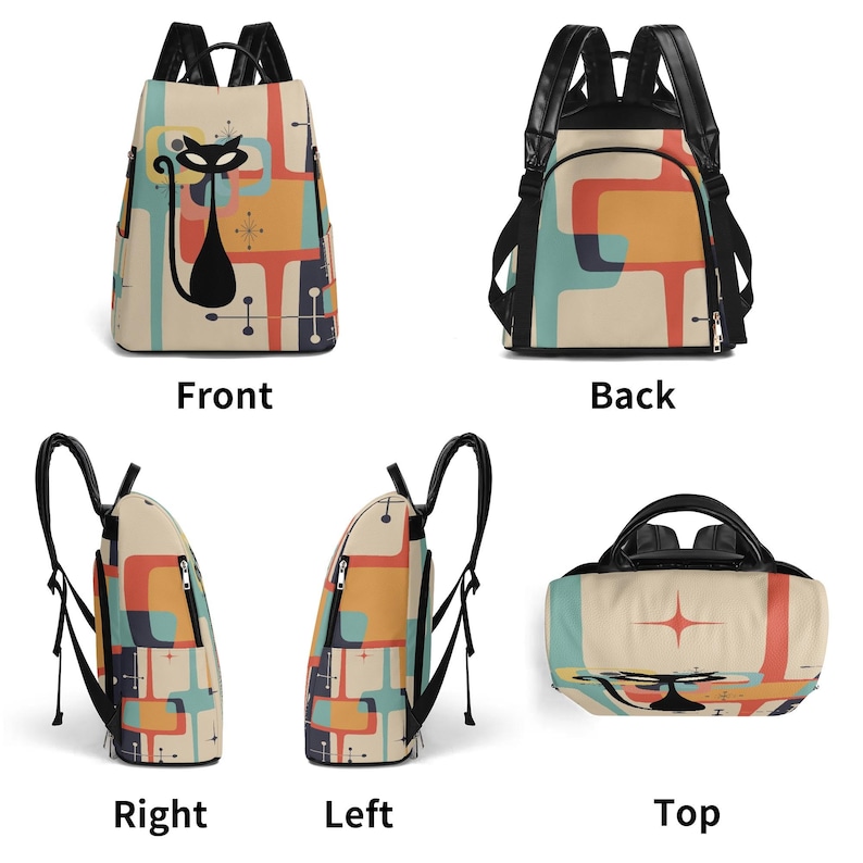 Retro Mid Century Modern Backpack, Atomic Cat Geometric Daypack, MCM ...