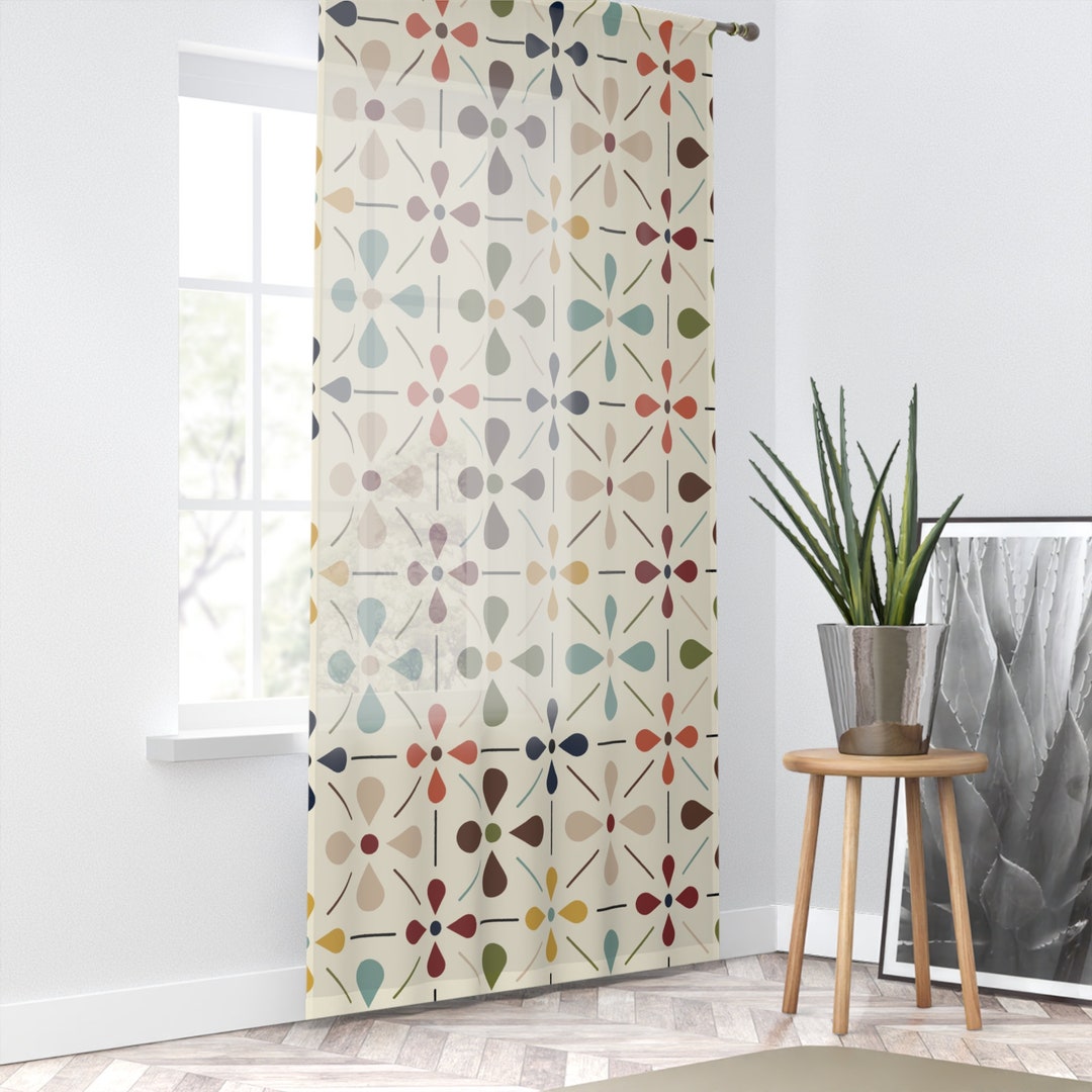 Mid Century Modern 1950s Retro Floral Sheer Window Curtains, Minimalist ...