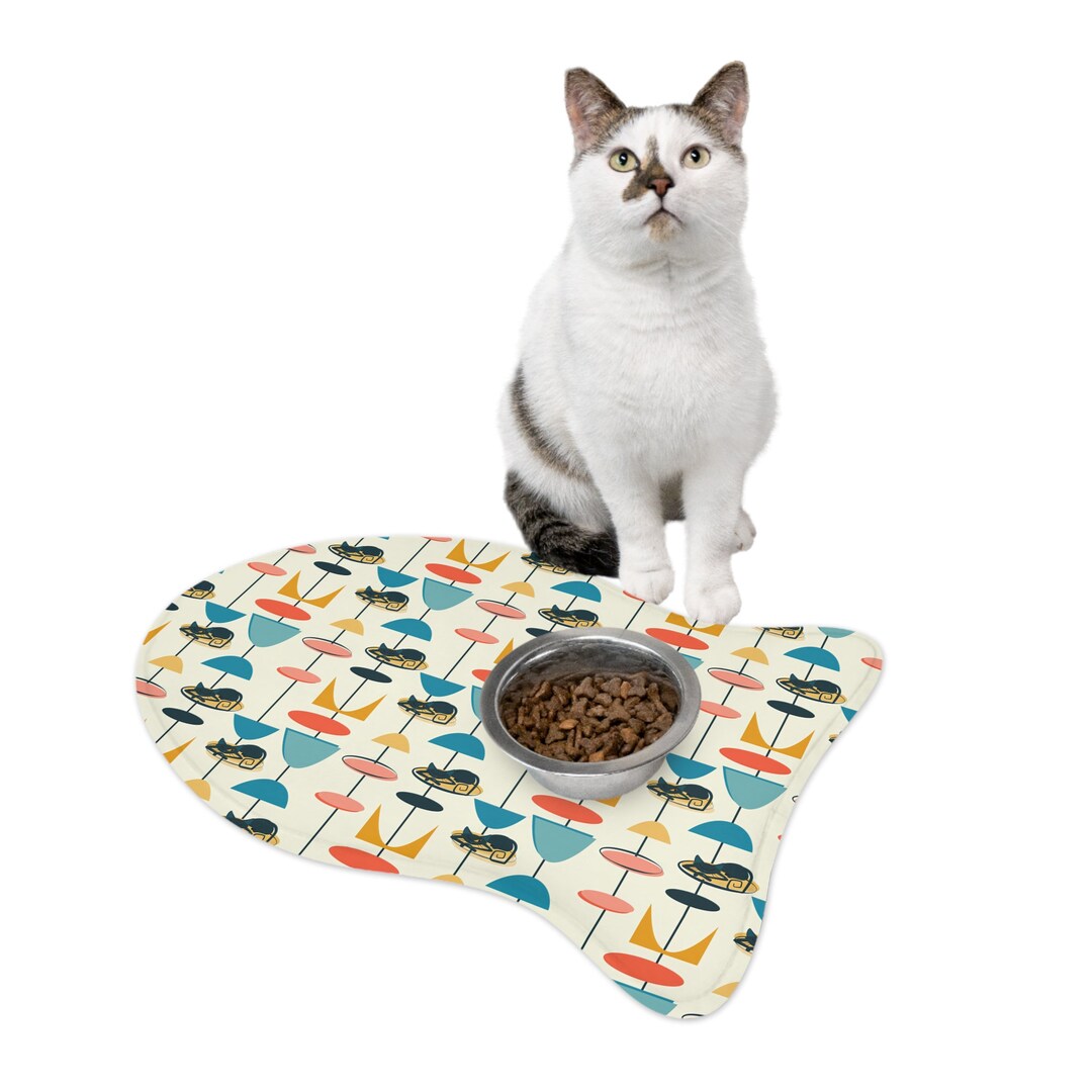 Atomic Kitties Fish Shaped Pet Feeding Mats, Retro Vintage Mid Century ...