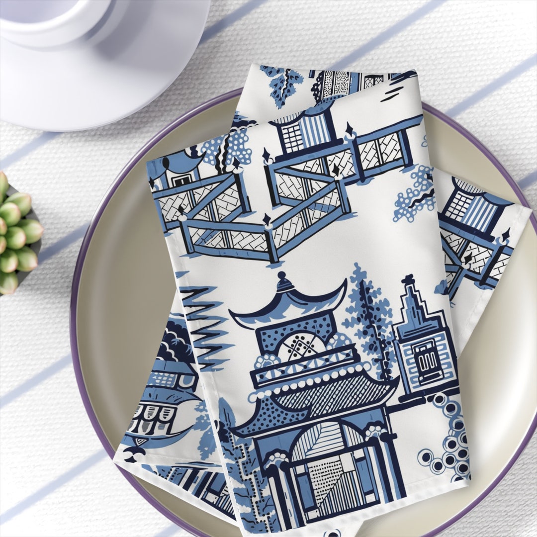 Chinoiserie Blue Willow Pagoda Cloth Napkins, Set of 4, Traditional ...