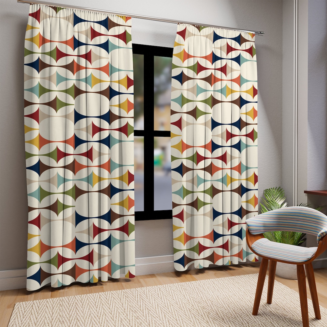 Mid Century Modern Geometric Window Curtains, 60s Retro MCM Cream, Teal ...