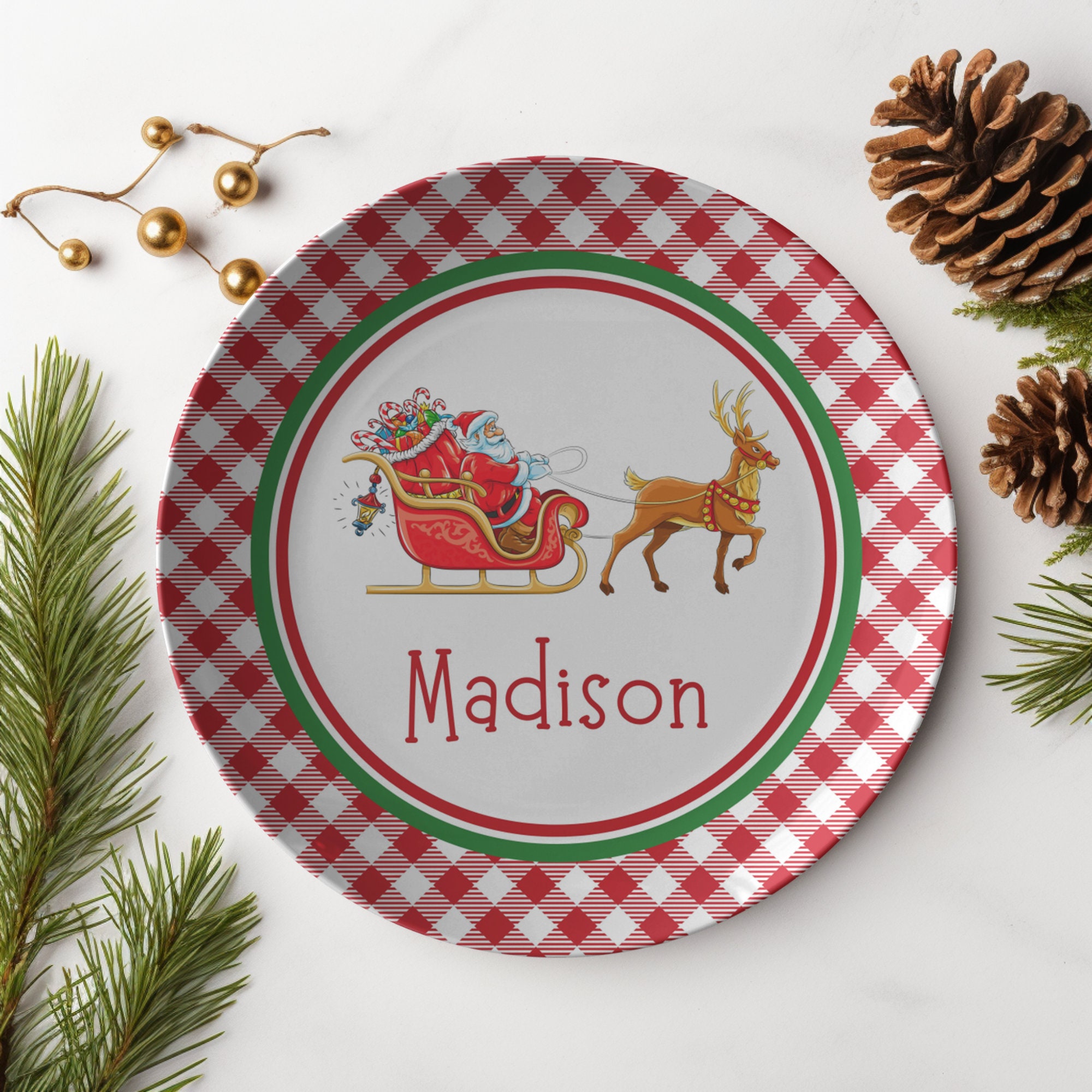 Personalized Santa Sleigh & Rudolph Red Gingham Plate, Kids Holiday ...