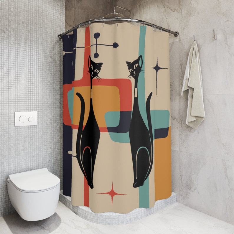 Mid Century Modern Atomic Cat Shower Curtains Geometric Teal Etsy