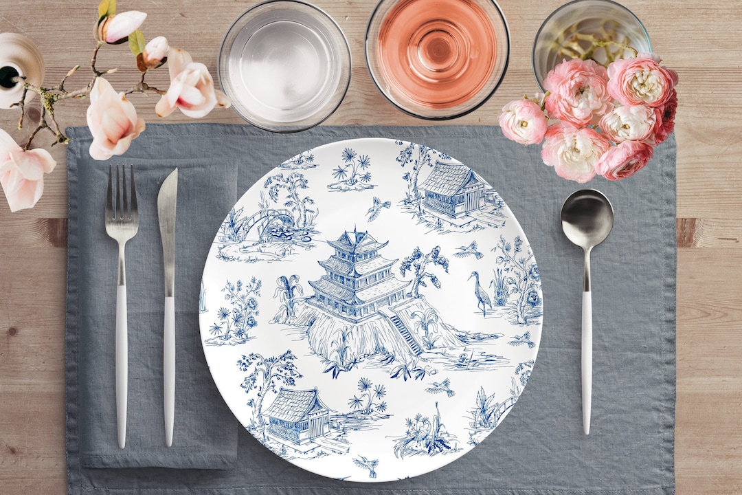 Dinner Plates Set in Chinoiserie Chinese Temples, Luxury Chinoiserie ...