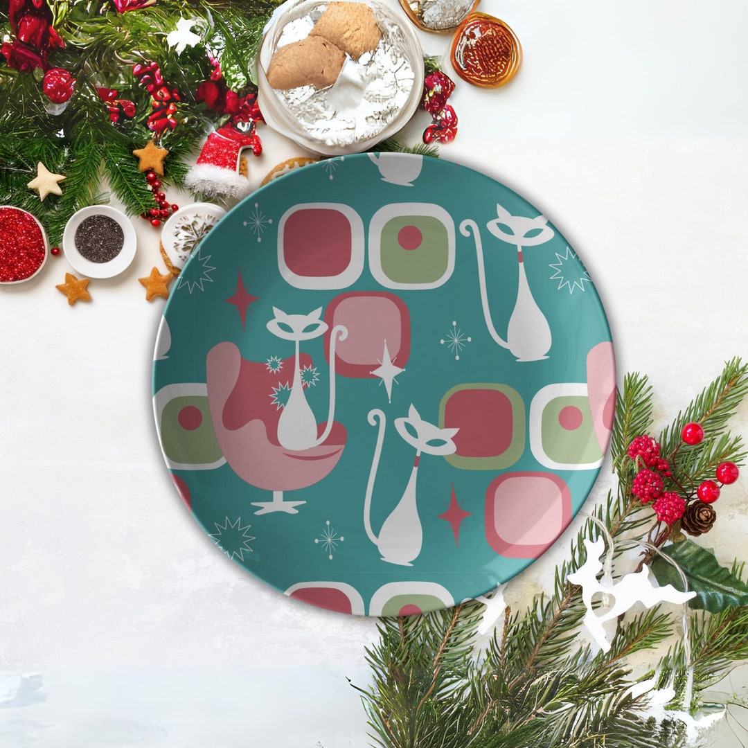 Atomic Cat Christmas Dinner Plates, Retro Festive Tableware, Mid ...