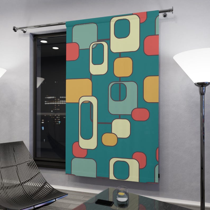 70s Retro Mid Century Modern Geometric Window Curtains, Aqua Blue Teal ...