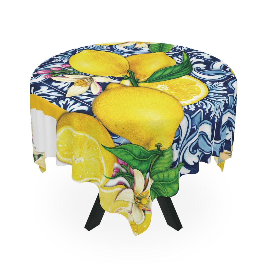 Mediterranean Lemon Tile Tablecloth, Citrus Floral Dining Table Linens ...