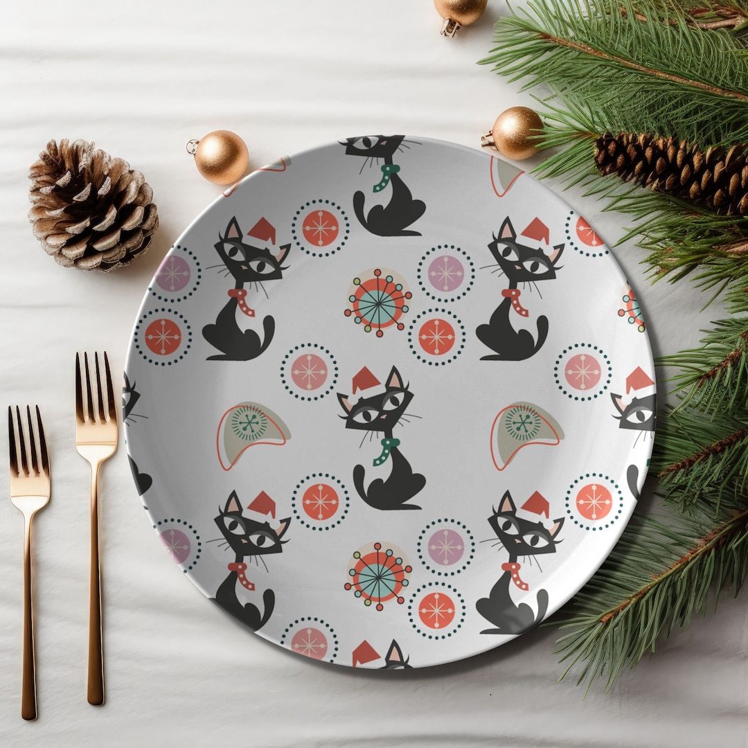 Retro 50s Atomic Black Cat Mid Century Modern Kitschy Christmas Dinner ...