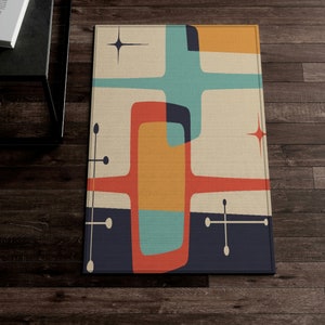 Mid Century Modern Atomic Starburst Area Rug, Beige, Teal, Geometric ...