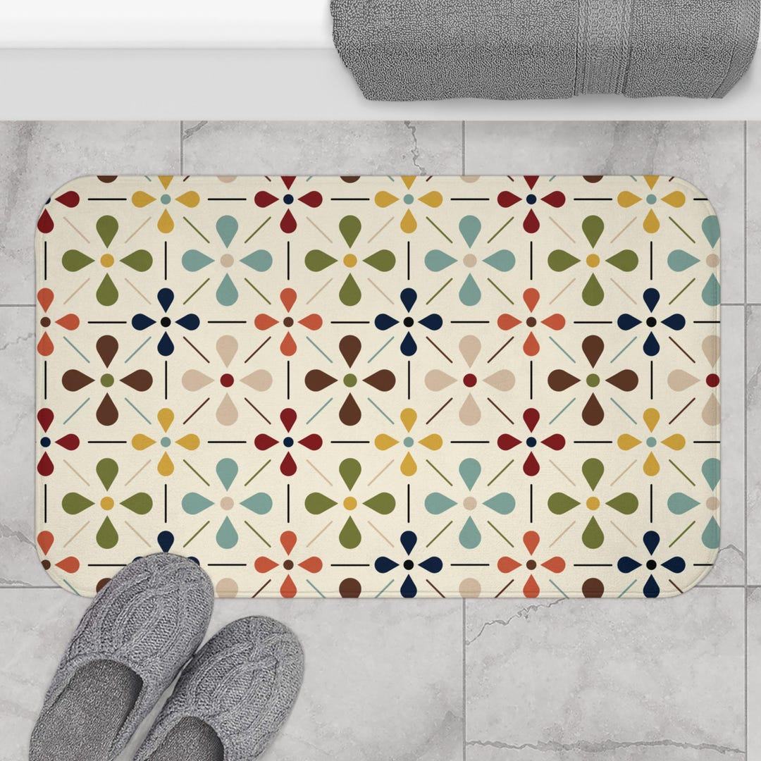 Mid Century Modern Retro Geometric Bath Mat, 50s MCM Cream Teal Mustard ...