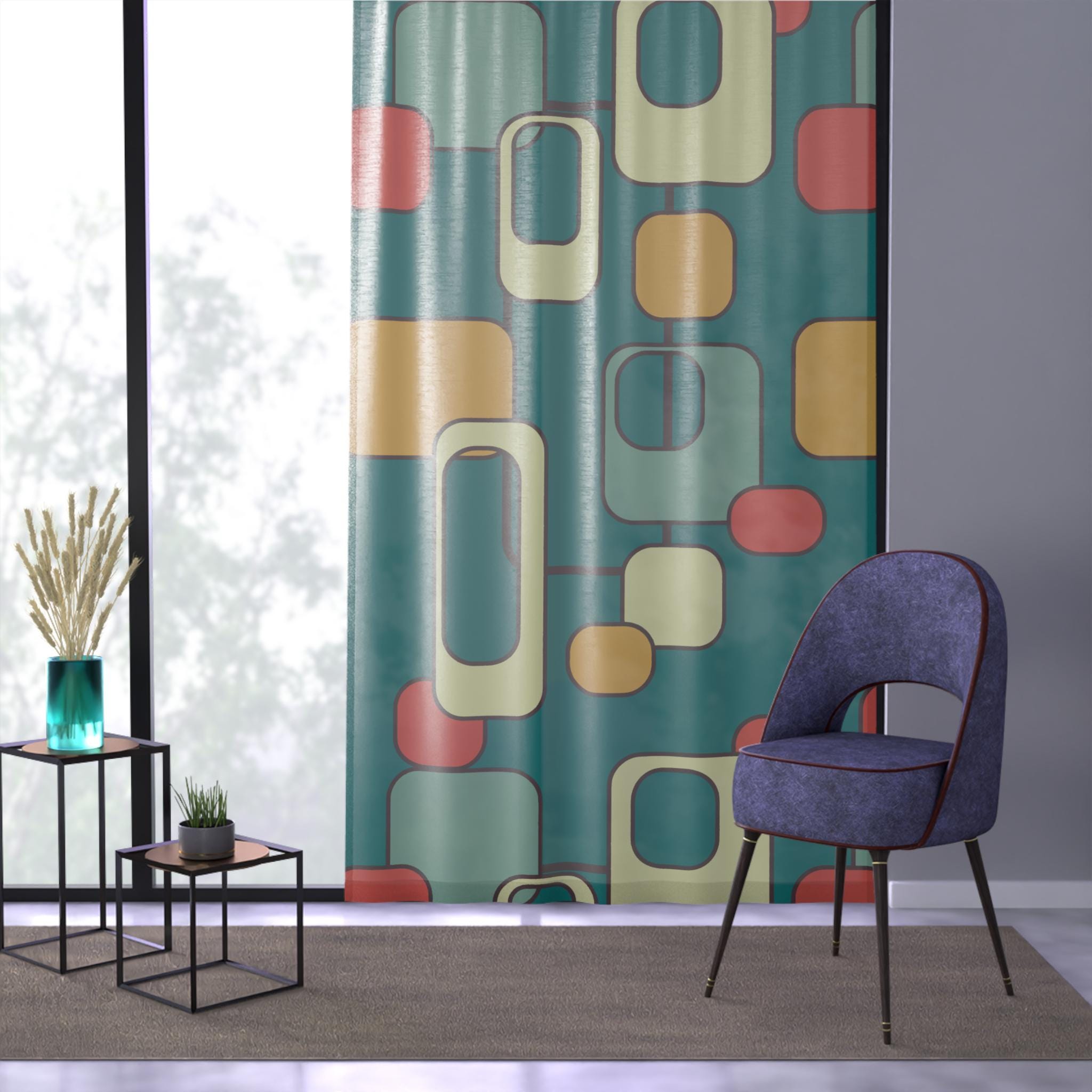 70s Retro Mid Century Modern Geometric Window Curtains, Aqua Blue Teal ...
