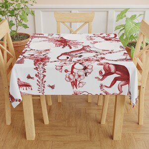 Chinoiserie Jungle Botanical Toile Tablecloth, Red, White Chinoiserie ...