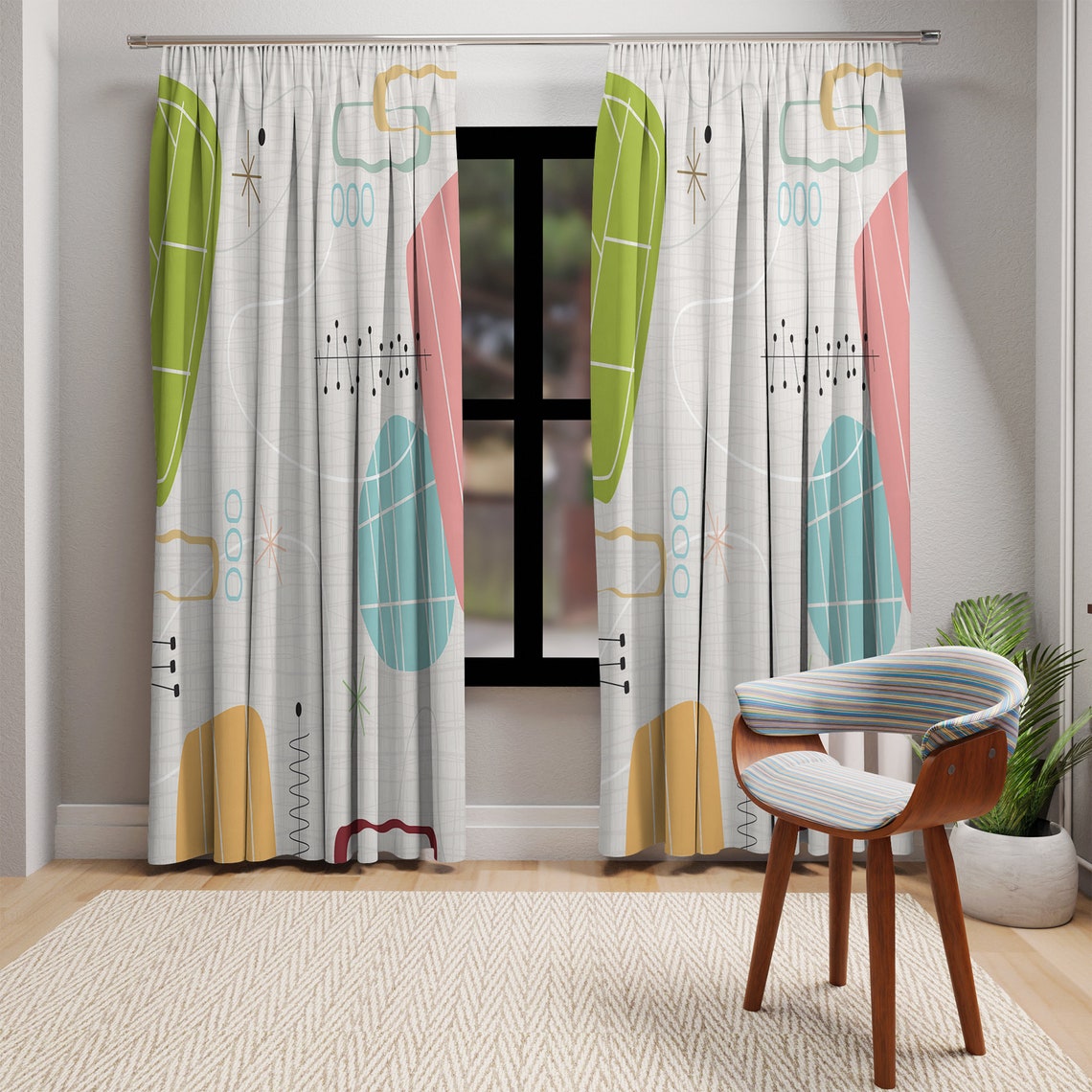 1950s Mid Century Modern Abstract Window Curtains in Retro Teal, Lime ...