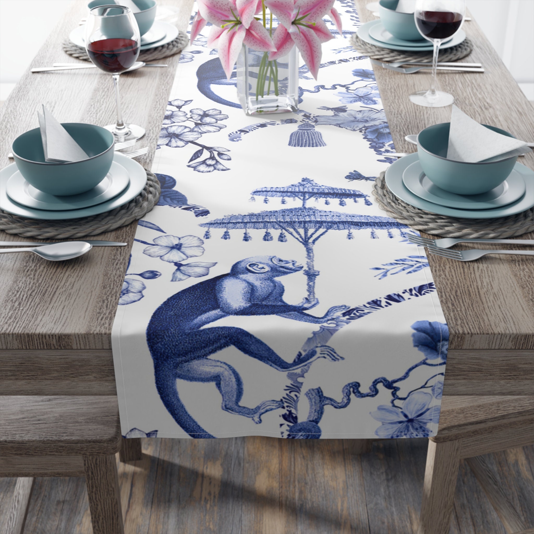 Chinoiserie Botanical Toile Table Runner, Floral Blue, White ...