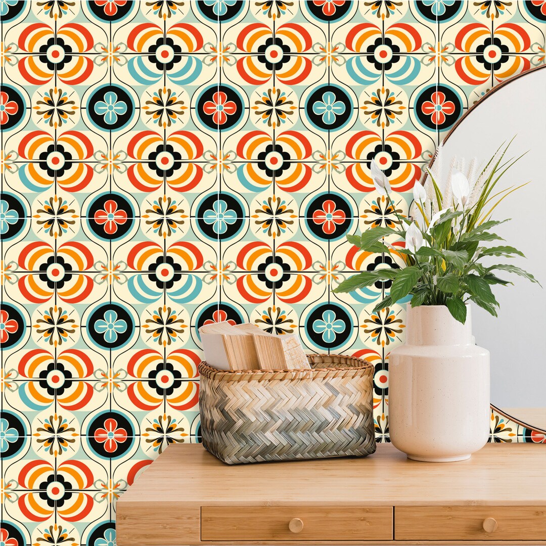 Retro Floral Peel and Stick Wallpaper Panels, 60s Mod Style, Mid ...