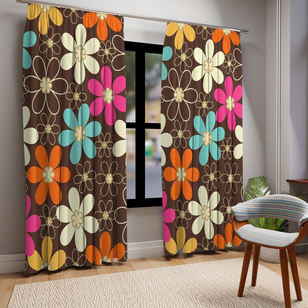 70s Retro Groovy Hippie Flower Power Window Curtains, Mid Century ...