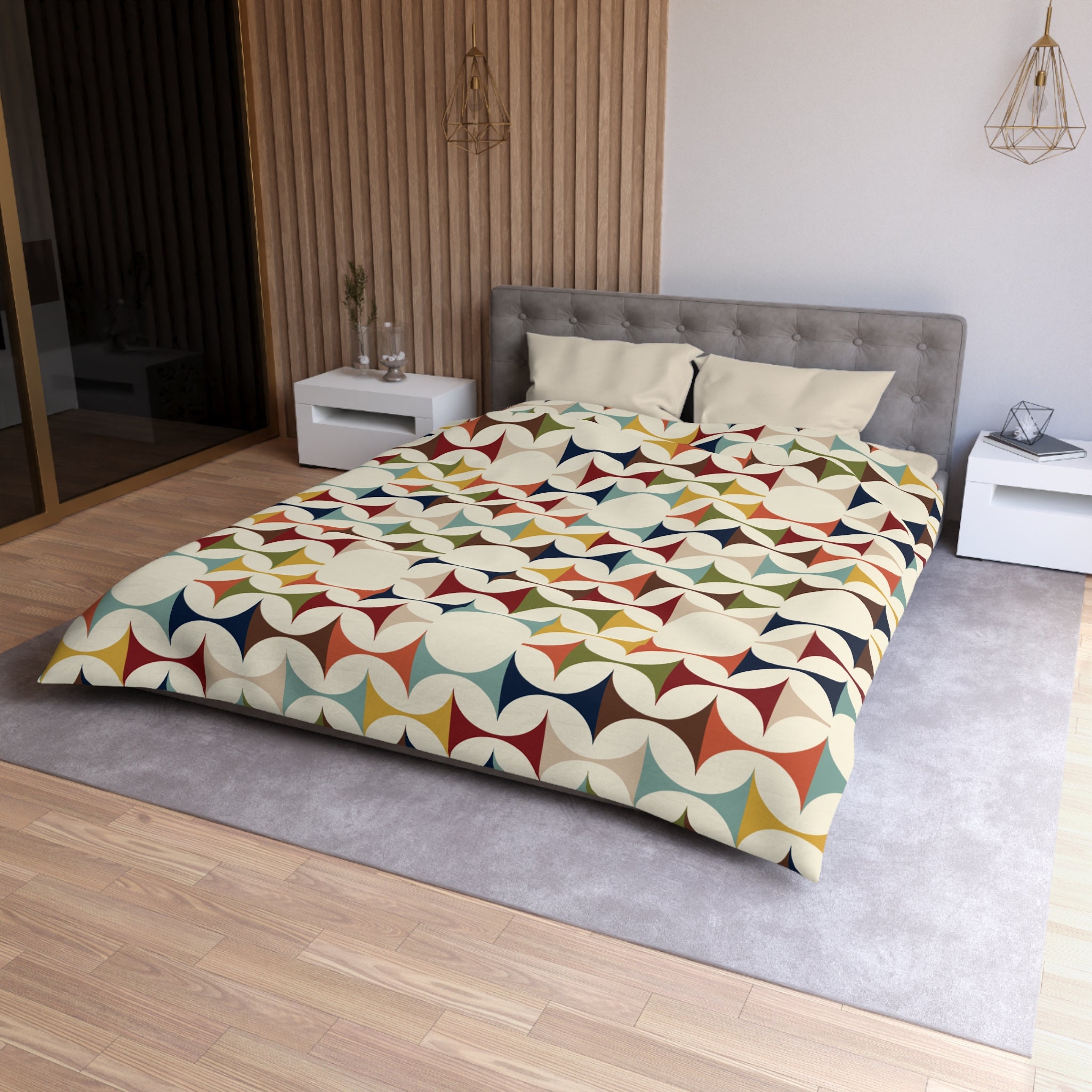 Retro MCM Duvet Cover, Mid Century Modern Bedding, Vibrant Geometric ...