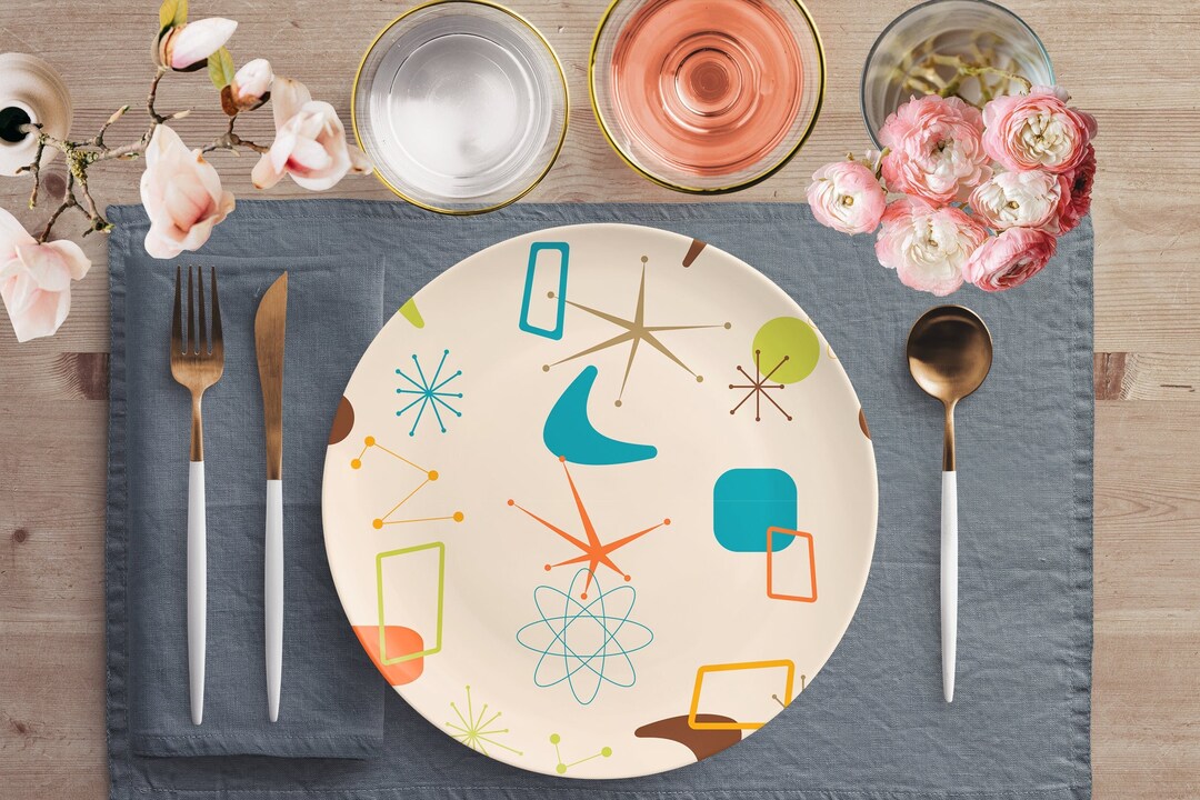 50s Retro Mid Mod Geometric Dinner Plates, 60s Retro Beige, Orange ...