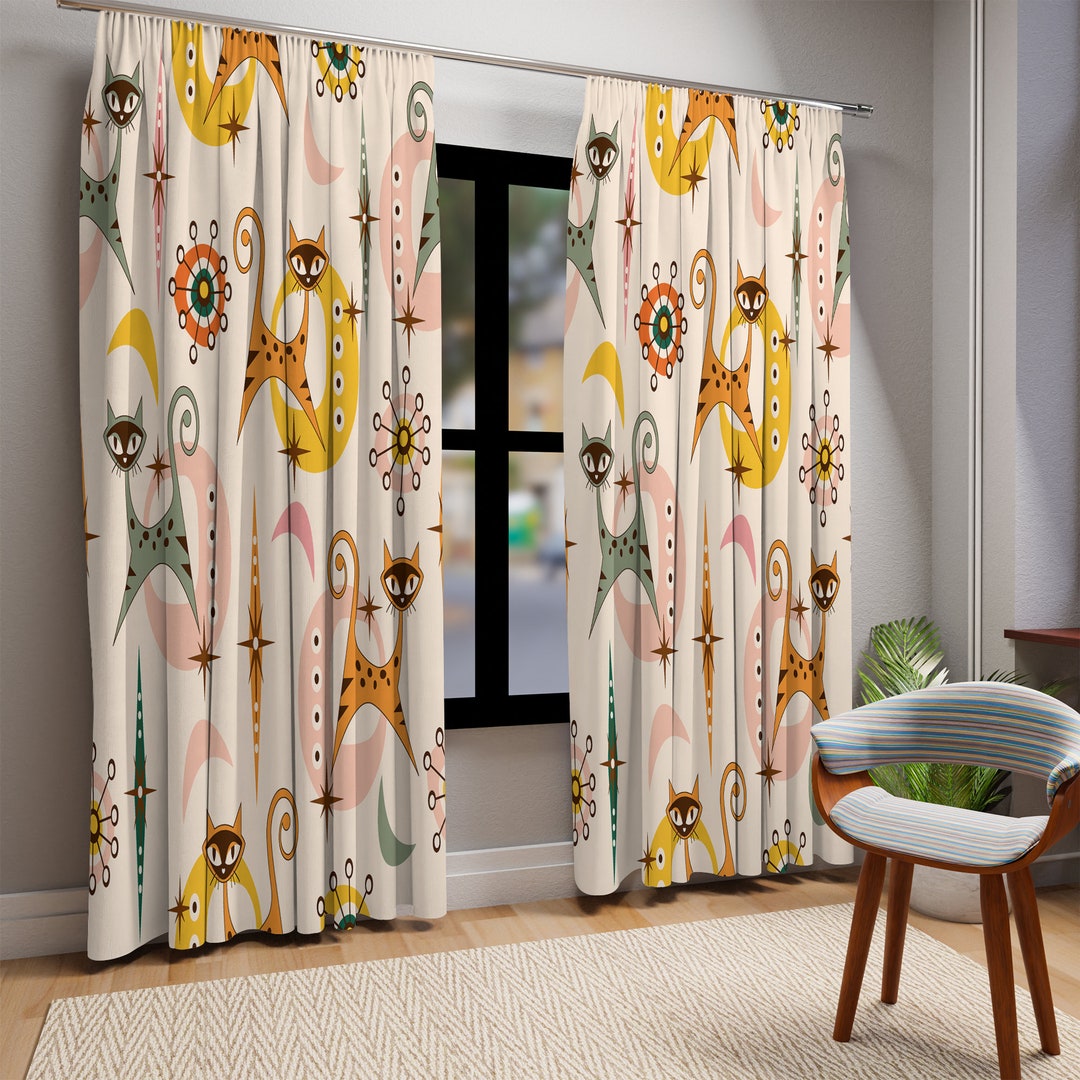 Mid Century Modern Atomic Cat Window Curtain, Retro Kitty Design ...
