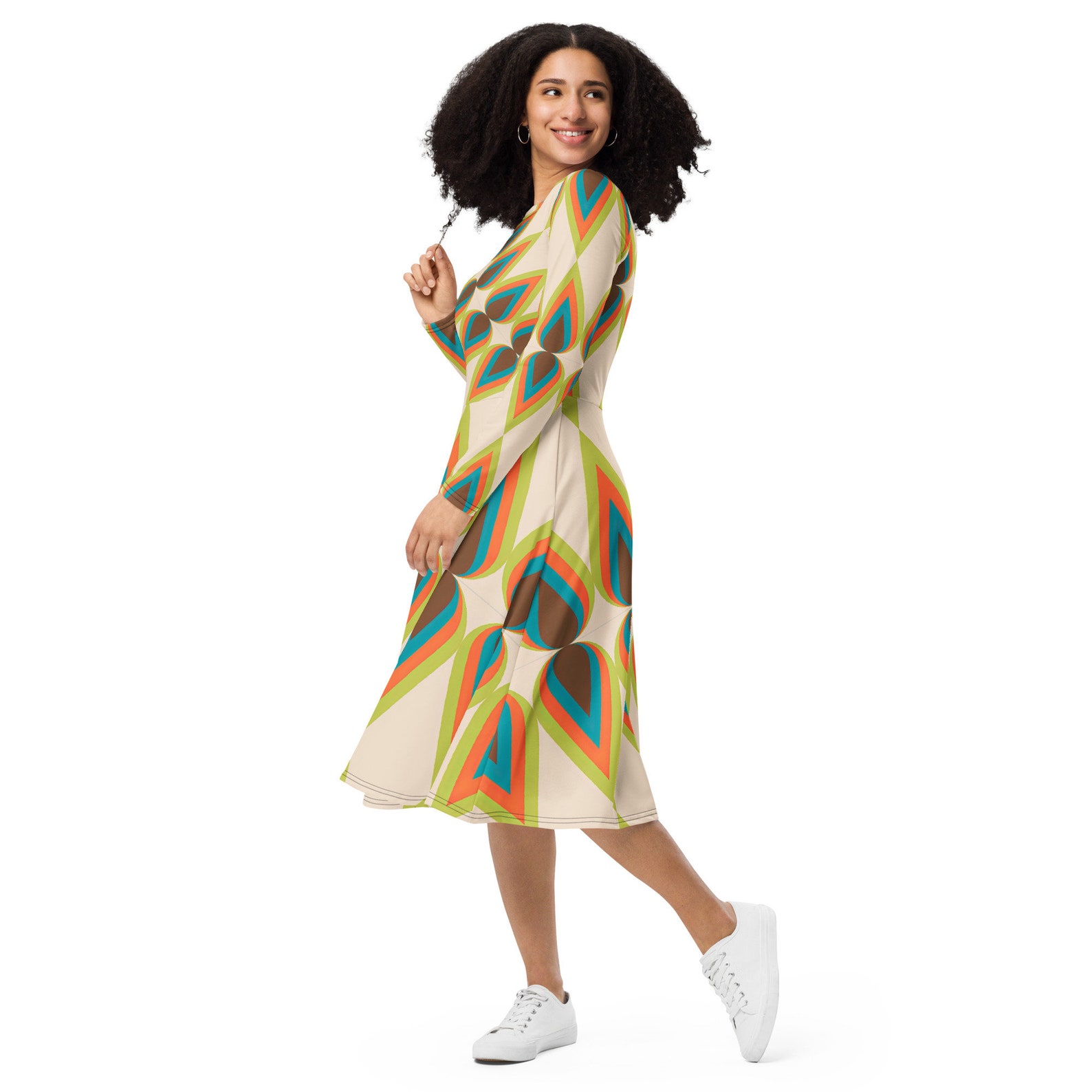 50s Mid Mod Retro Atomic Diamond Teardrop Print Long Sleeve Midi Dress ...