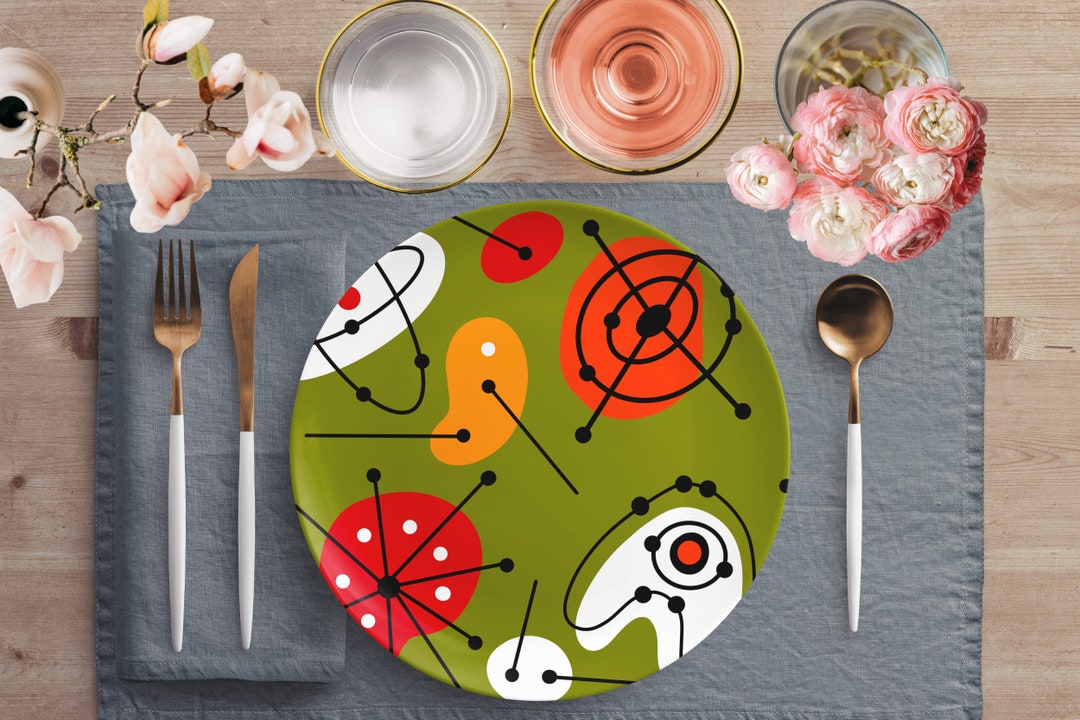 Dinner Plate in Mid Century Modern Abstract Red Orange Green Starbust ...