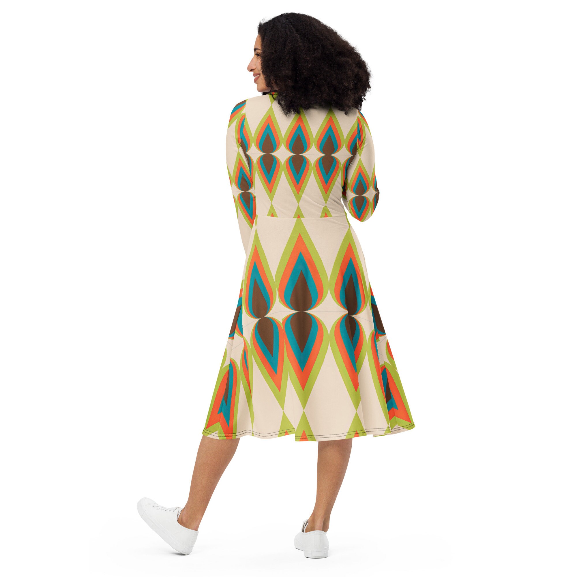 50s Mid Mod Retro Atomic Diamond Teardrop Print Long Sleeve Midi Dress ...