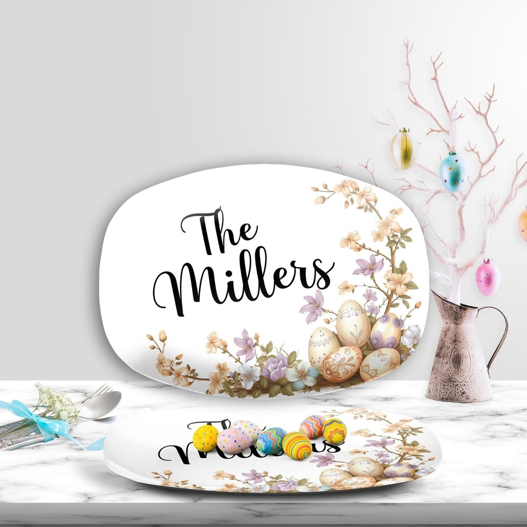 Custom Family Name Easter Platter, Personalized Spring Floral Serving ...