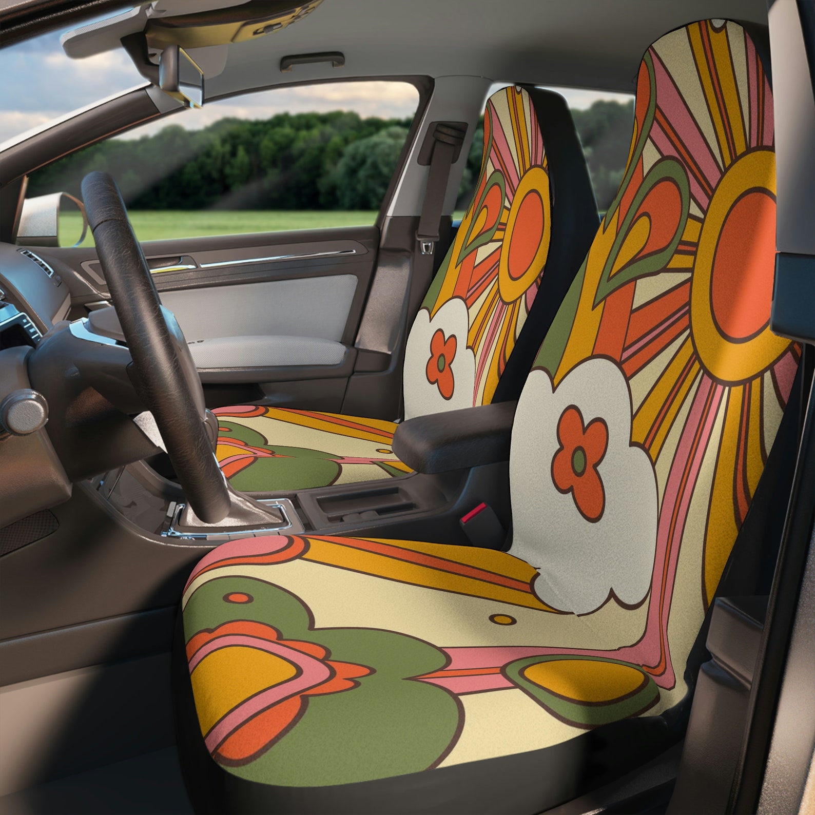 70s Hippie Retro Groovy Car Seat Covers, Mid Century Modern 70s Flower ...