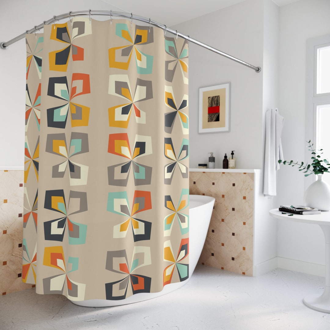 Retro 60s 70s Mid Century Modern Geometric Shower Curtain, Abstract ...