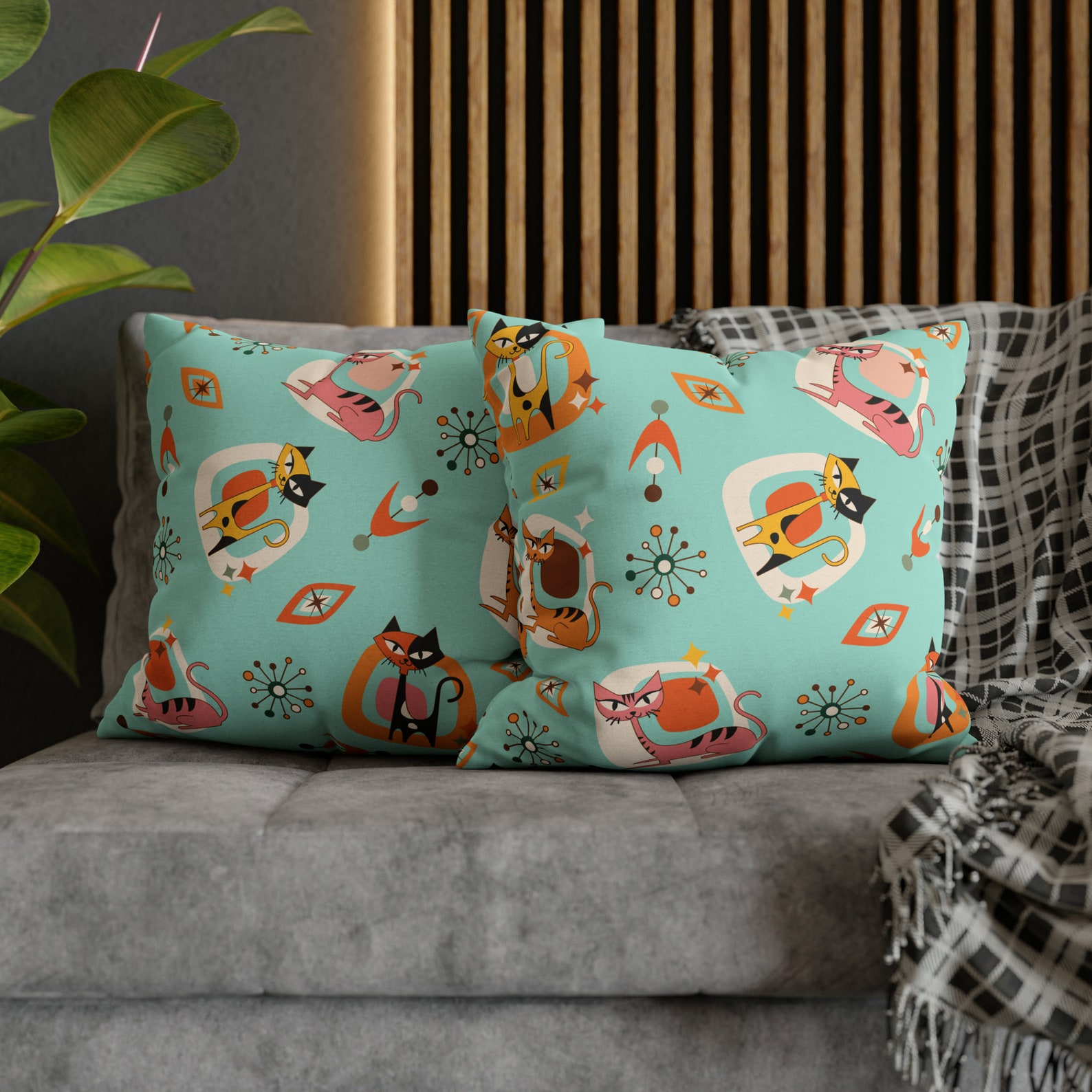 Atomic Cat 50s Mid Mod Pillow Cover, Retro Vintage Mid Century Modern ...