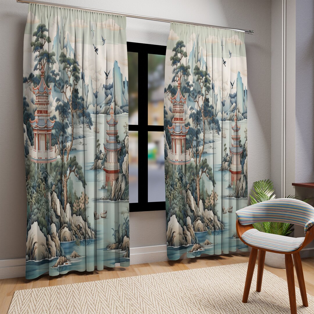 Chinoiserie Pagoda Landscape Floral Window Curtains, Country Farmhouse ...