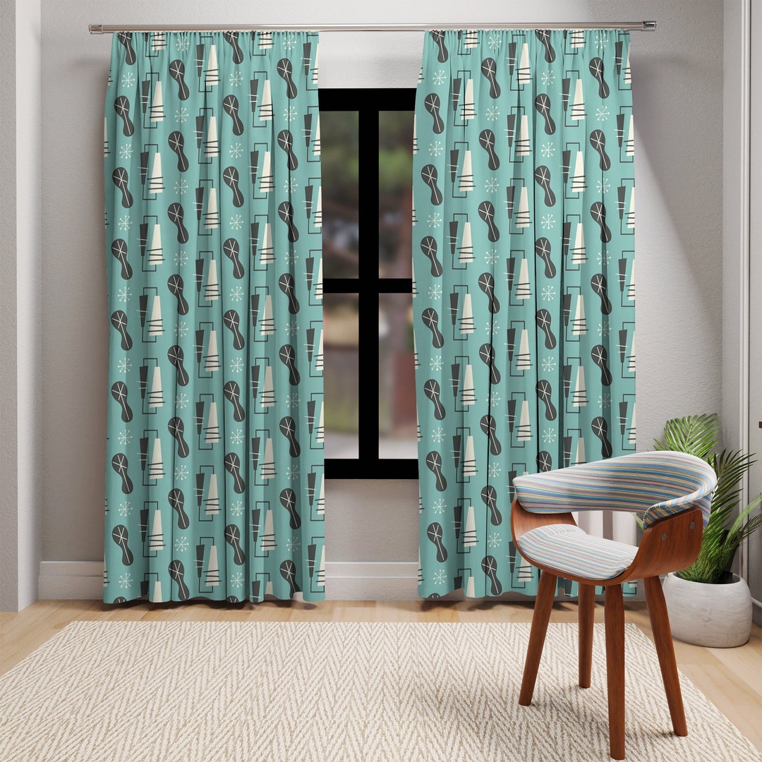 1950s Atomic Window Curtains, Mid Century Modern Retro, MCM Aqua Blue ...