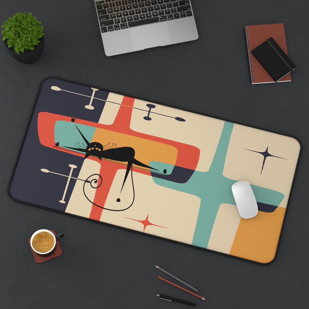 Mid Century Modern Atomic Cat Desk Mat, Geometric Teal Blue, Mustard ...