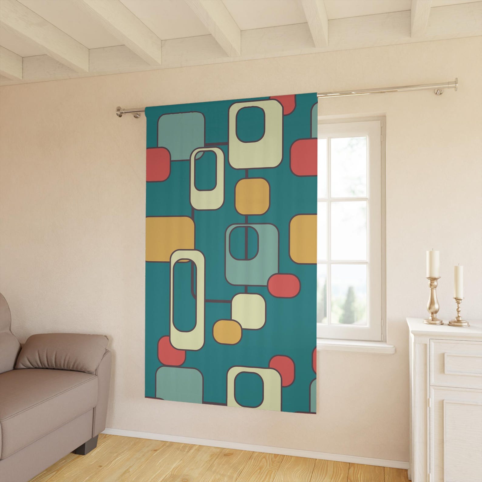 70s Retro Mid Century Modern Geometric Window Curtains, Aqua Blue Teal ...