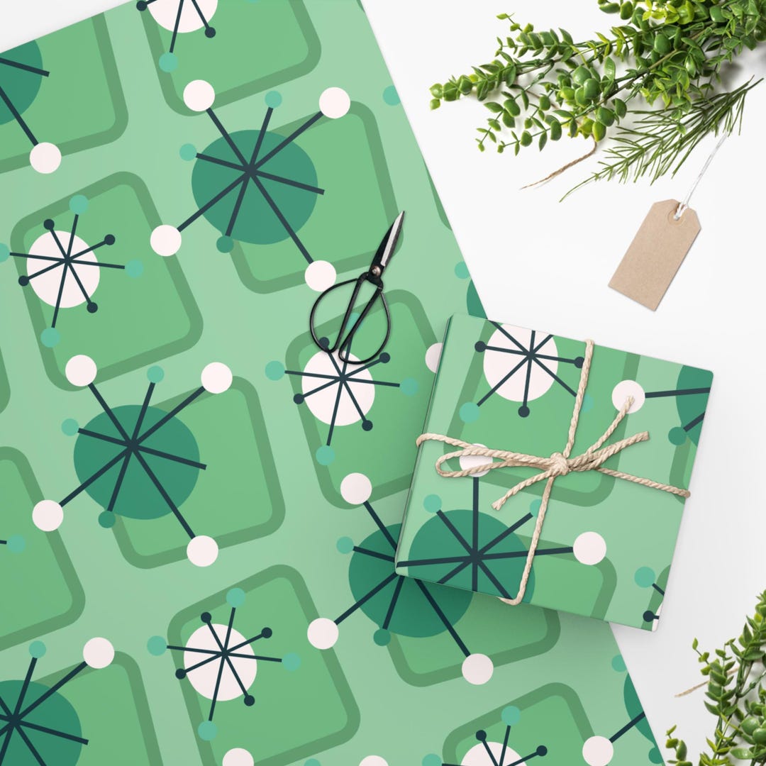 Mid Century Modern Retro Starburst Wrapping Paper, Atomic Age Green MCM ...