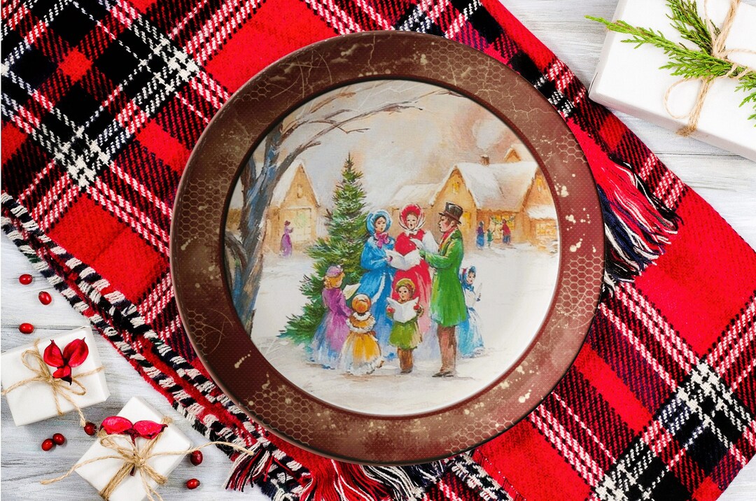 Vintage Christmas Carol Scene Dinner Plate-brown, Holiday Dinner Plate ...