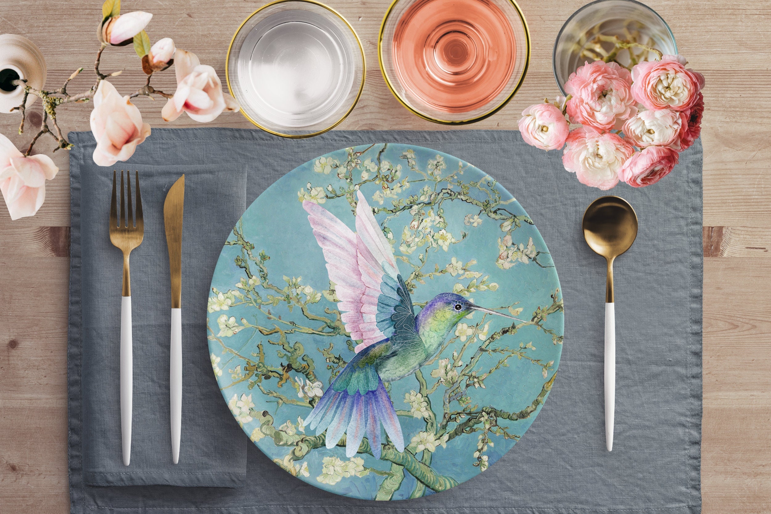 Hummingbird in Almond Blossoms Dinnerware Set Floral Dinner - Etsy