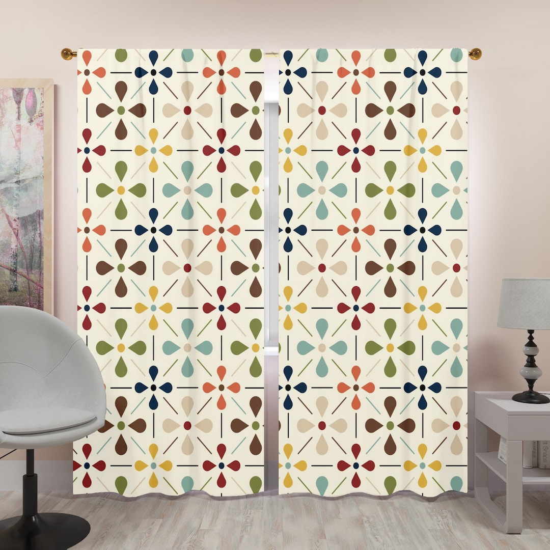 1950s Retro Scandinavian Floral Mid Century Modern Window Curtains (two ...