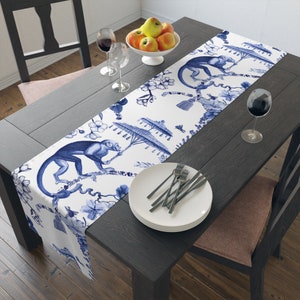 Chinoiserie Botanical Toile Table Runner, Floral Blue, White ...