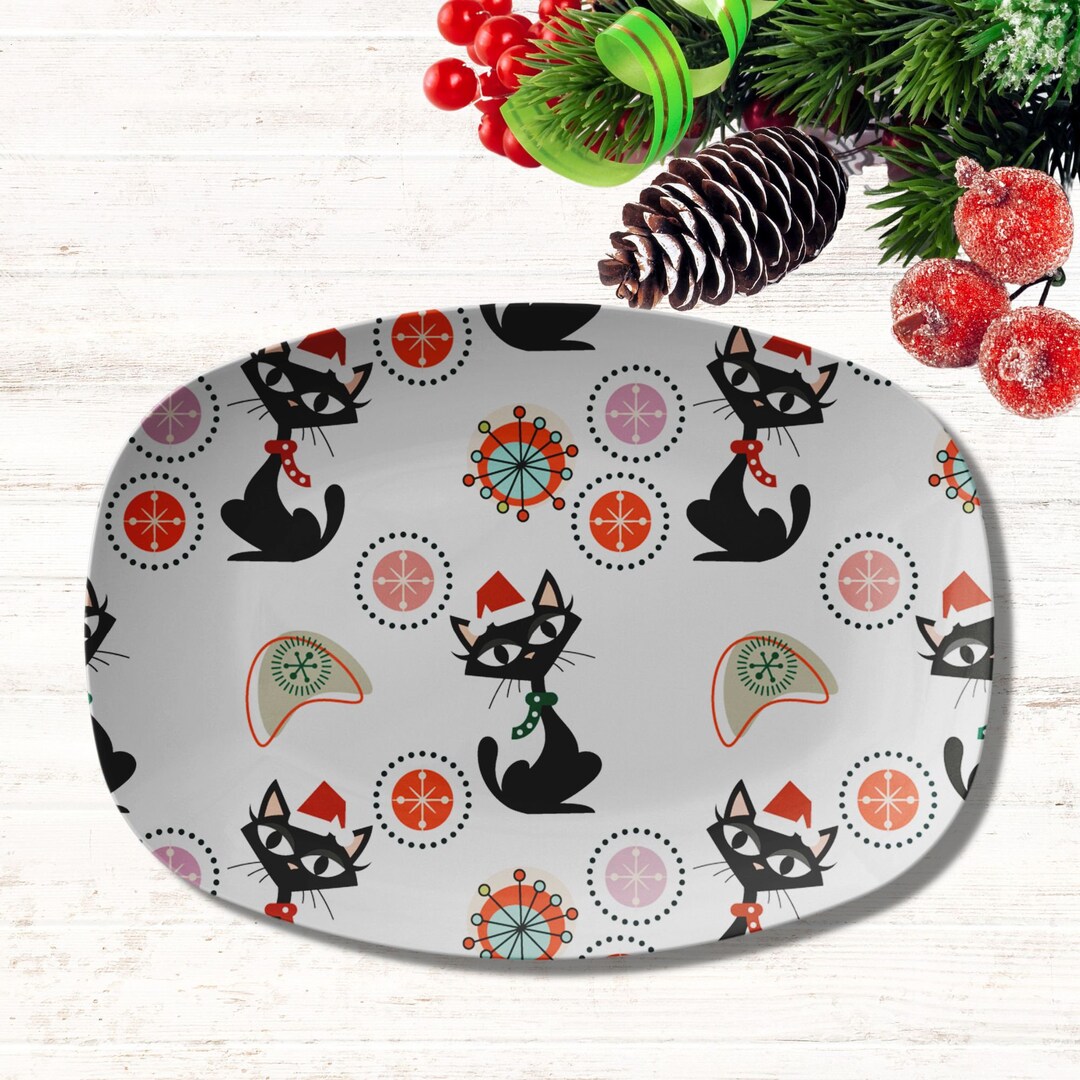 Retro 50s Atomic Black Cat Mid Century Modern Kitschy Christmas Platter, MCM Holiday Dinnerware ...