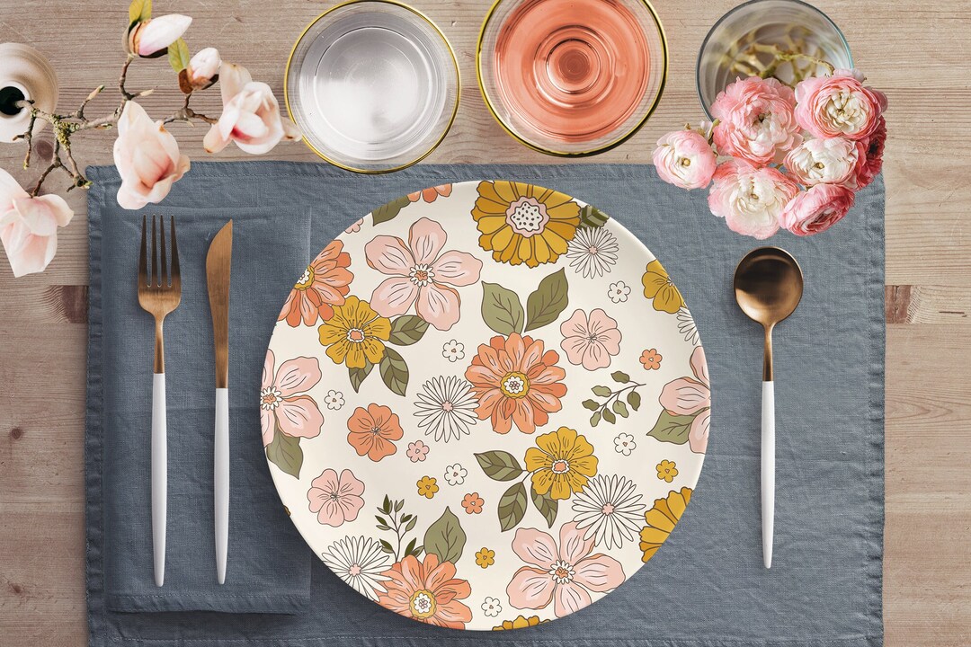 Retro Groovy Mid Century Modern Flower Power Dinner Plate, Meadow ...
