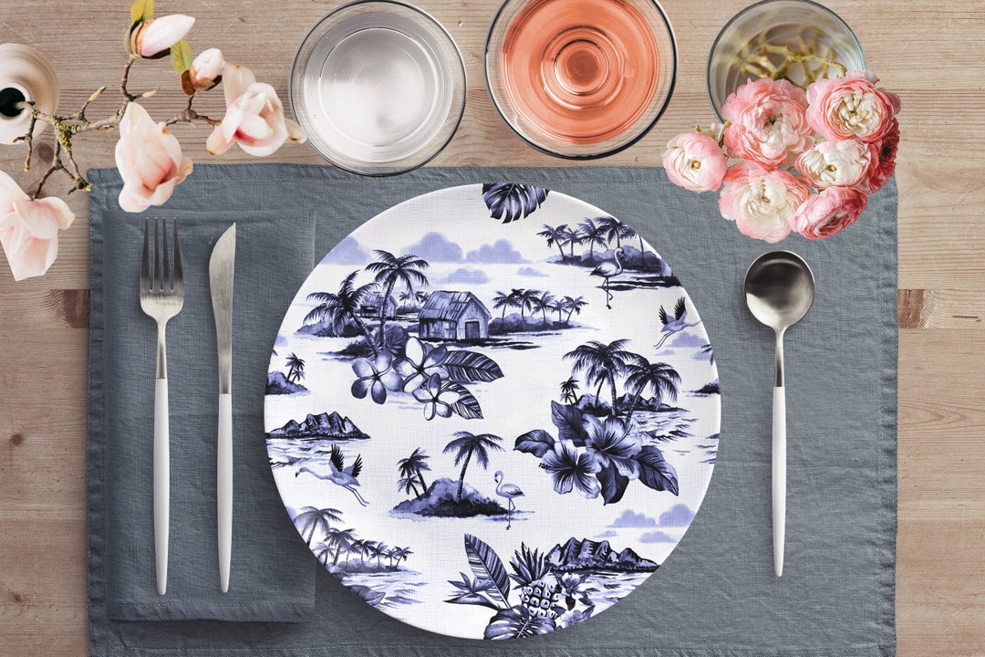 Dinner Plate in Vintage Hawaiian Tropical Island Scenes Navy Blue ...