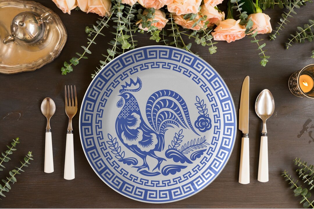 Rooster Dinner Plates, Set of 4, Blue, Green White, Pink Coordinating ...