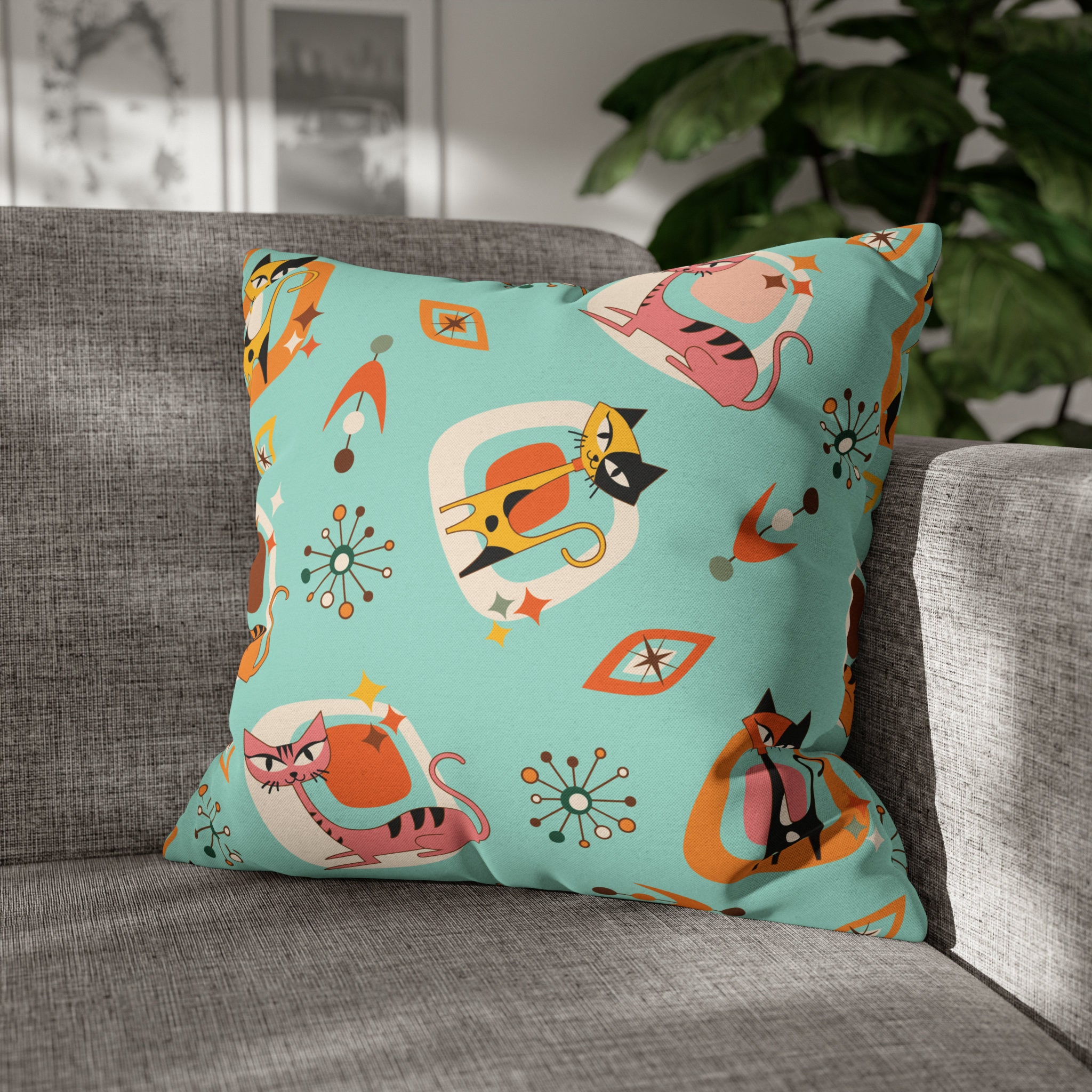 Atomic Cat 50s Mid Mod Pillow Cover, Retro Vintage Mid Century Modern ...
